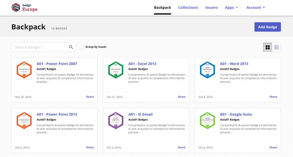 Come archiviare gli Open Badges su Badgr e come condividerli